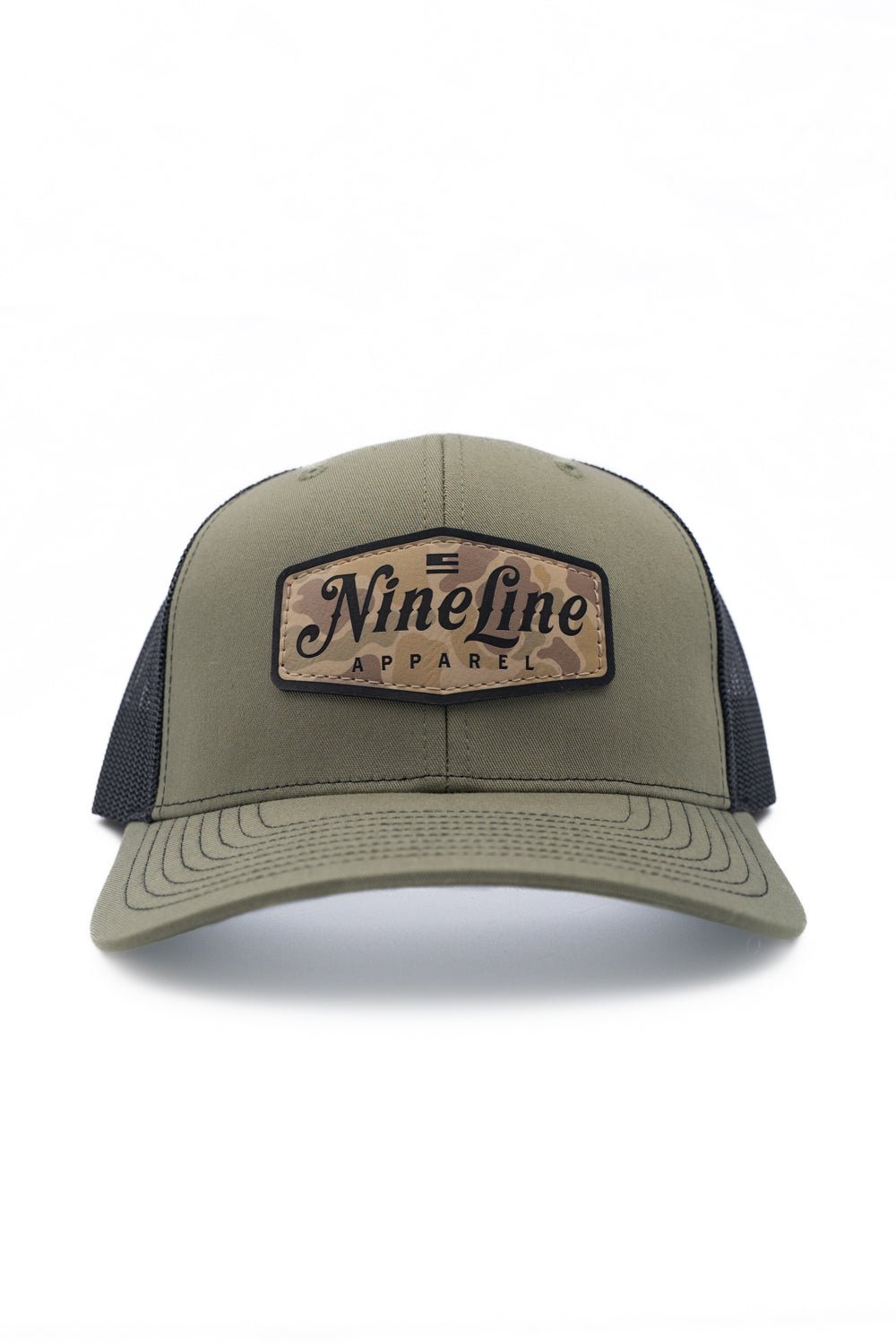 Six Panel Trucker Hat with Nine Line Logo Patch on Duck Camo Background ...